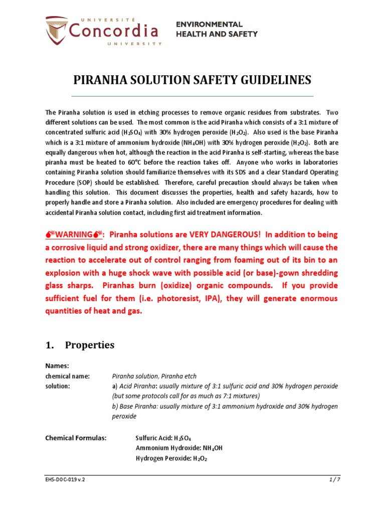 Piranha Solution Safety Guidelines | PDF | Sulfuric Acid | Hydrogen ...