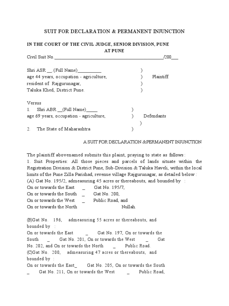 Suit For Declaration & Permanent Injunction-1116 | PDF | Judgment (Law ...