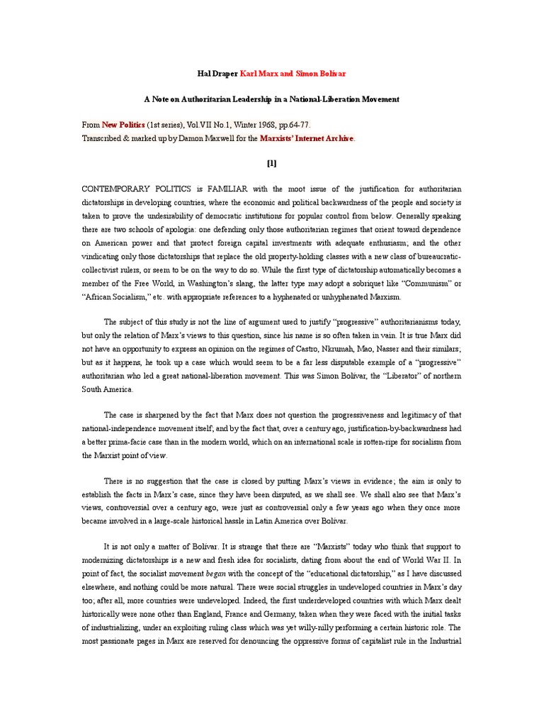 Hal Draper Karl Marx and Simon Bolívar | PDF | Karl Marx | Marxism