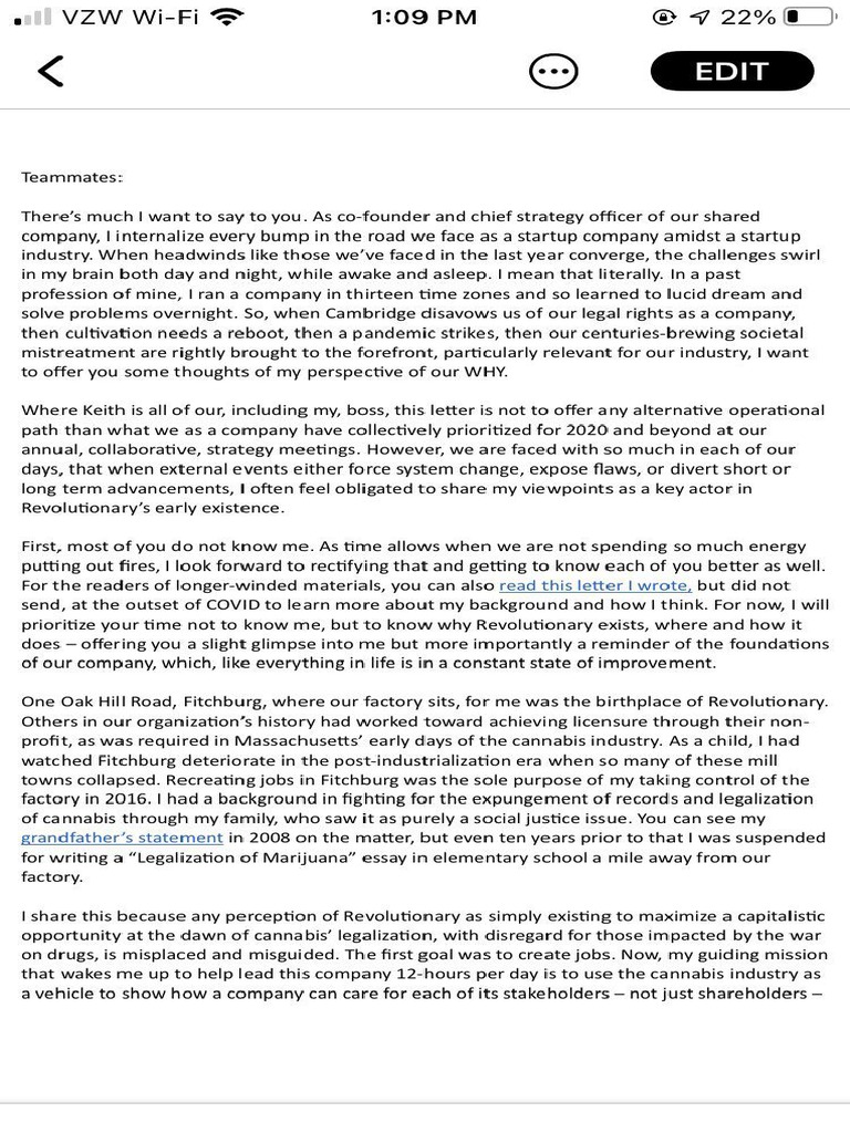 Ryan Ansin Leaked Letter To Employees of Revolutionary Clinics | PDF