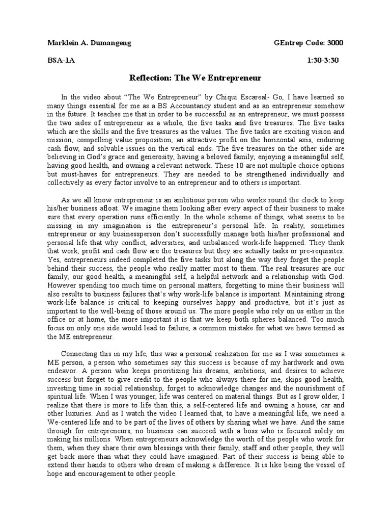 Reflection (The We Entrepreneur) | PDF | Entrepreneurship | Cognition