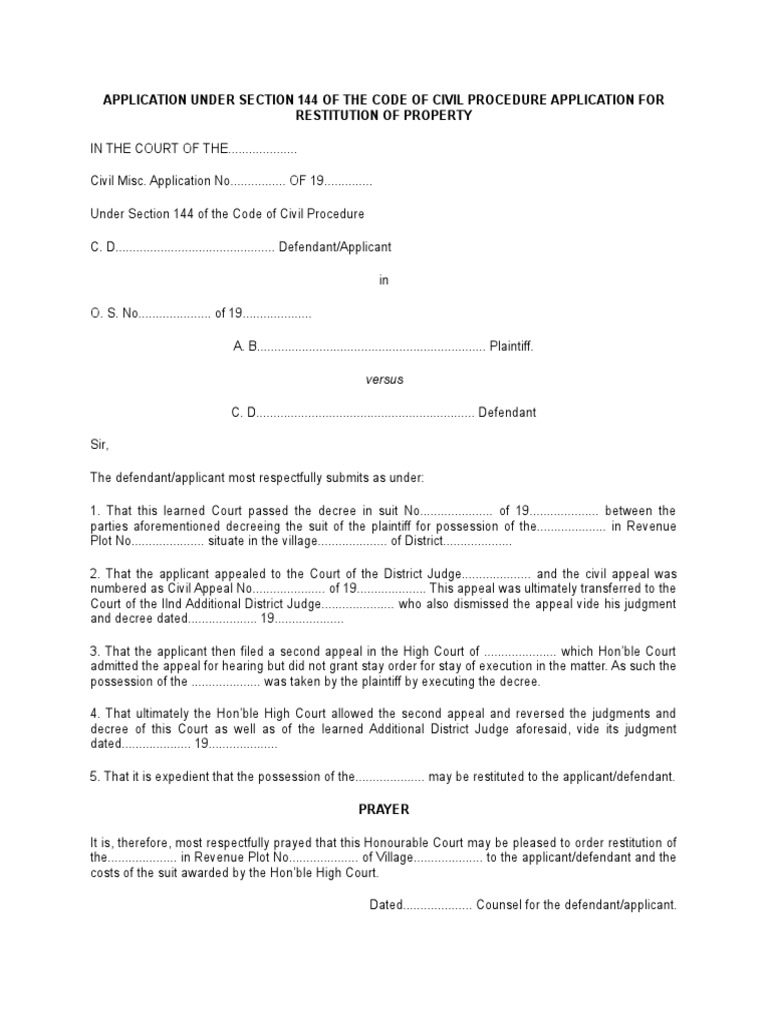 Restitution Application Under CPC 144 | PDF | Lawsuit | Restitution