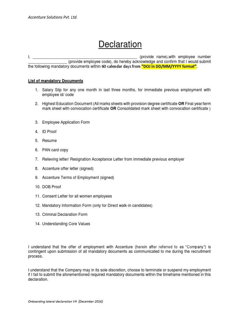 Declaration: Accenture Solutions Pvt. LTD | PDF | Government