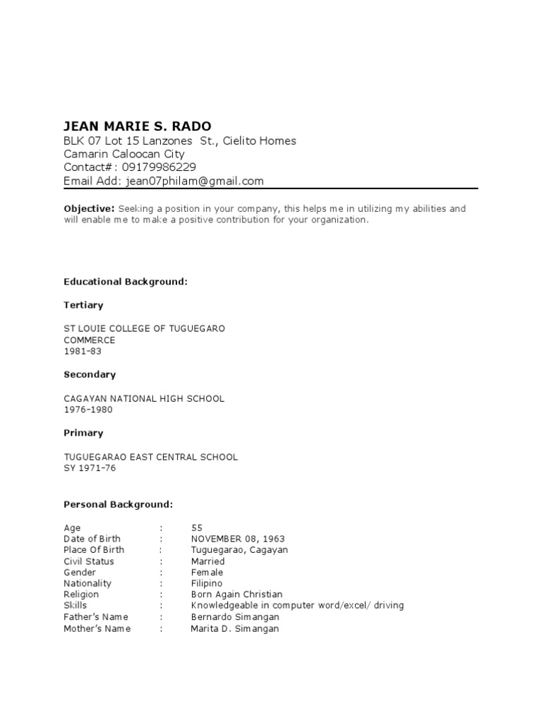 Jean Marie S. Rado - Job Application Resume | PDF | Law