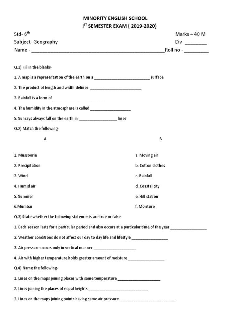 Std-6 Marks - 40 M Subject - Geography Div - Name - Roll No | Download ...