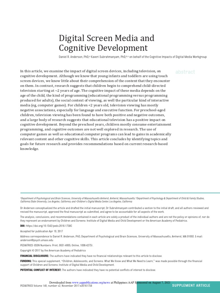 Digital Screen Media and Cognitive Development: at Philippines:AAP ...