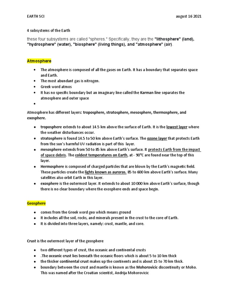 4 Subsystems of The Earth (Summary) | PDF | Earth | Atmosphere Of Earth