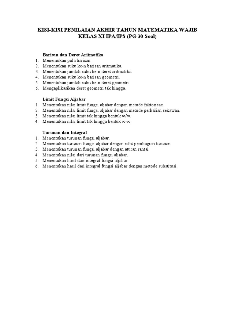 Kisi Kisi Matematika Wajib Kelas XI IPA Dan IPS | PDF