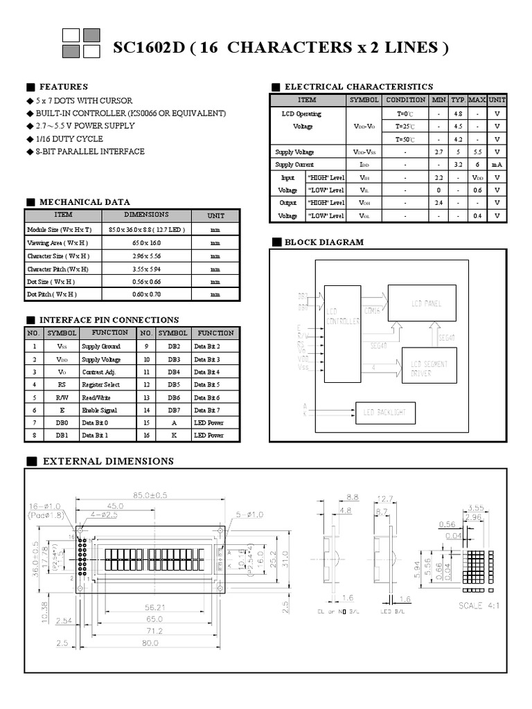 Sc1602D (16 Characters X 2 Lines) : Features Electrical Characteristics ...