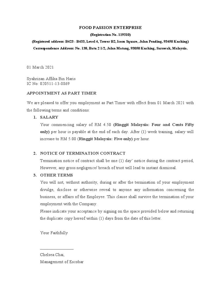 Letter Offer Part Timer | PDF