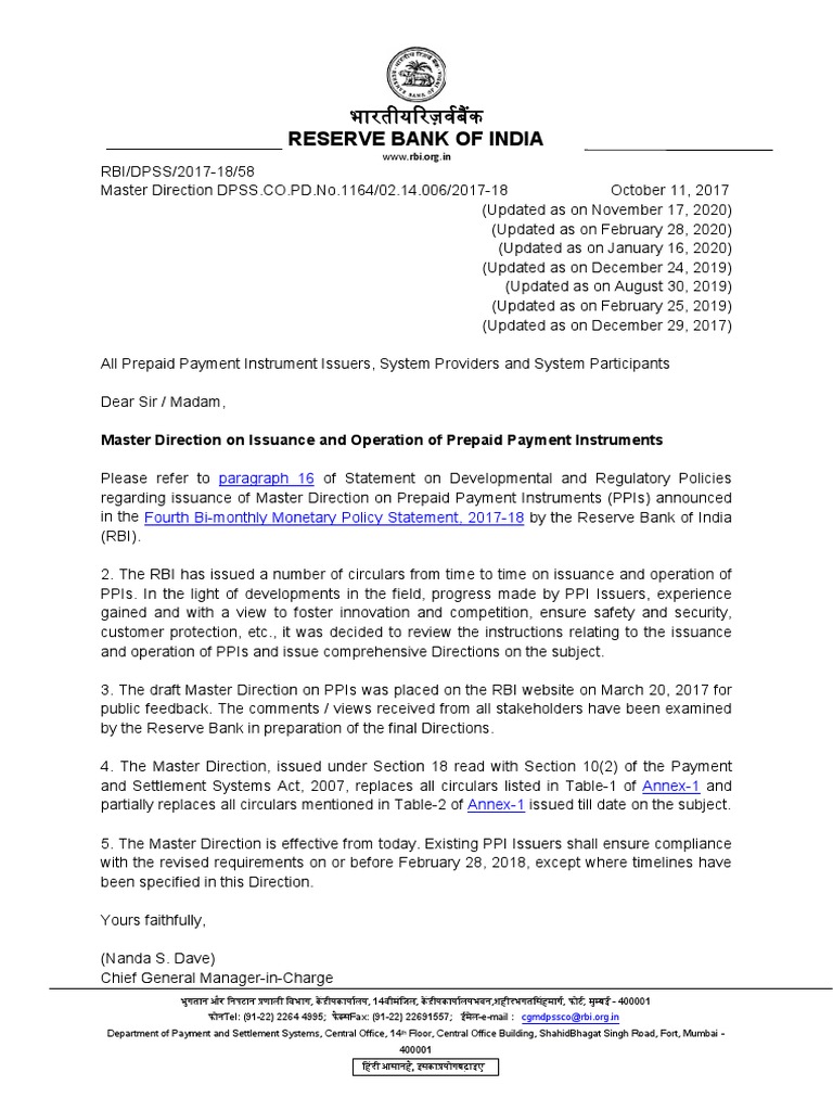 Reserve Bank of India: Master Direction On Issuance and Operation of ...