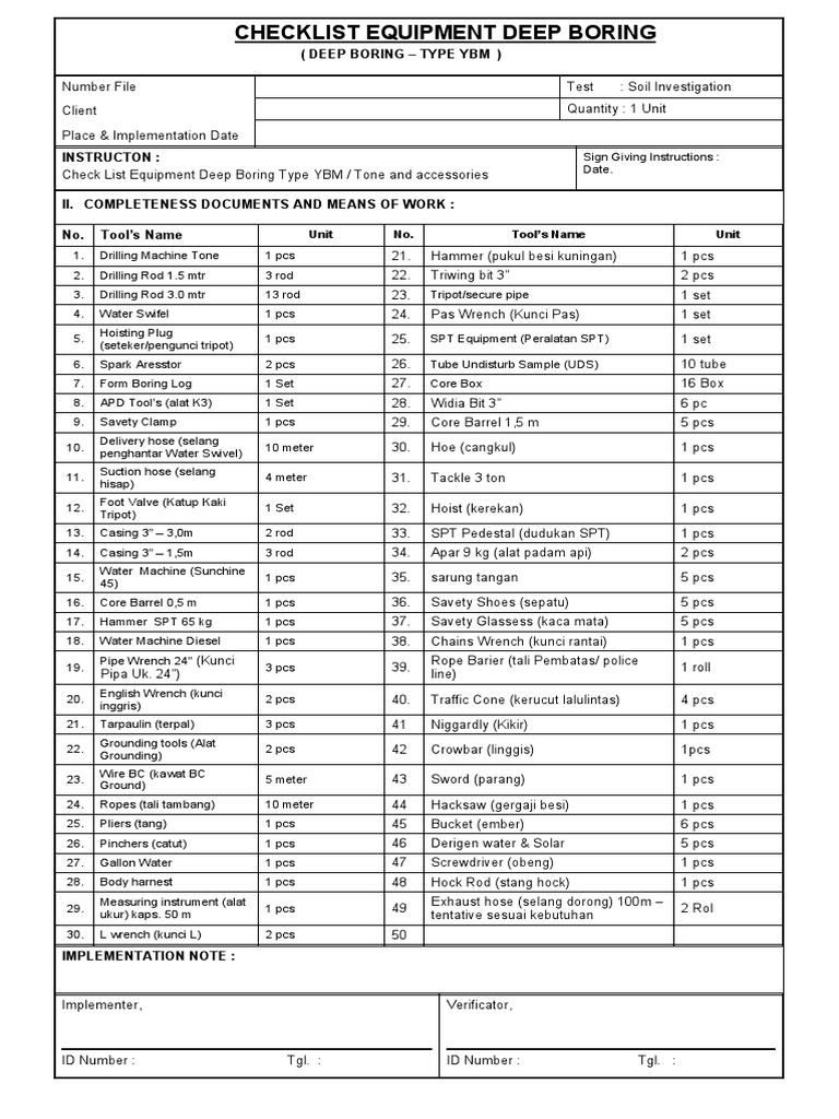 CHECKLIST ALAT BOR Mesin | PDF | Tools | Industrial Processes