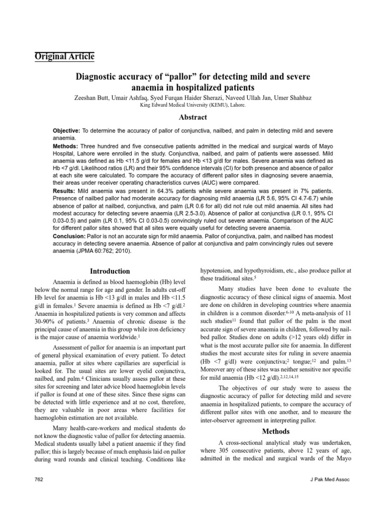 Diagnostic Accuracy of "Pallor" For Detecting Mild and Severe Anaemia ...