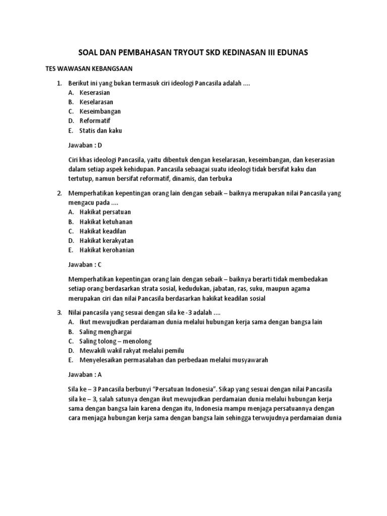 Soal Dan Pembahasan Tryout SKD Kedinasan III Edunas | PDF