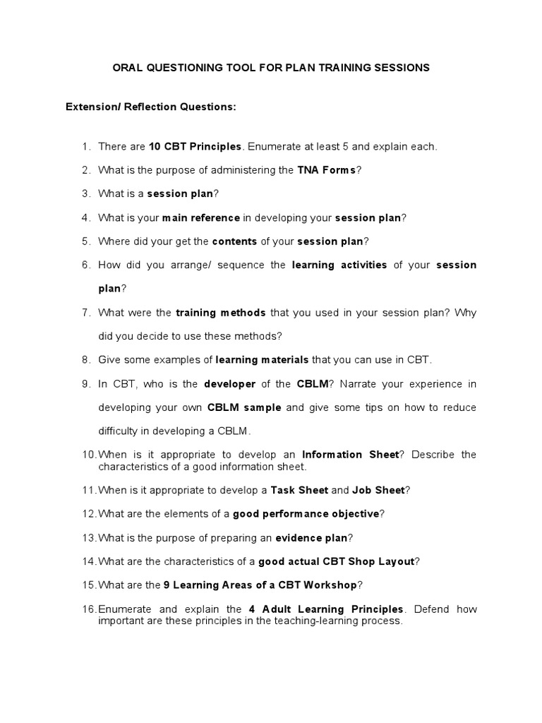 Oral Questioning Tool For Plan Training Sessions | PDF