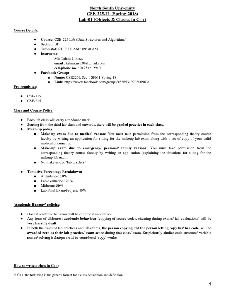 North South University CSE-225.1L (Spring-2018) Lab-01 (Objects & Classes in C++) | PDF | C++ ...