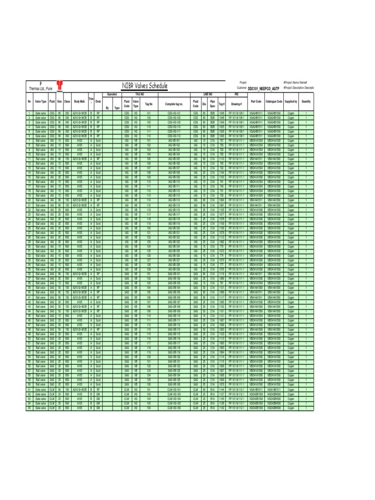 Valve Schedule for Cogen Project | PDF | Valve | Building Materials