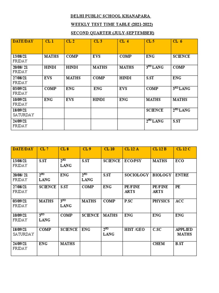 Delhi Public School Khanapara Weekly Test Time Table (2021-2022) Second ...