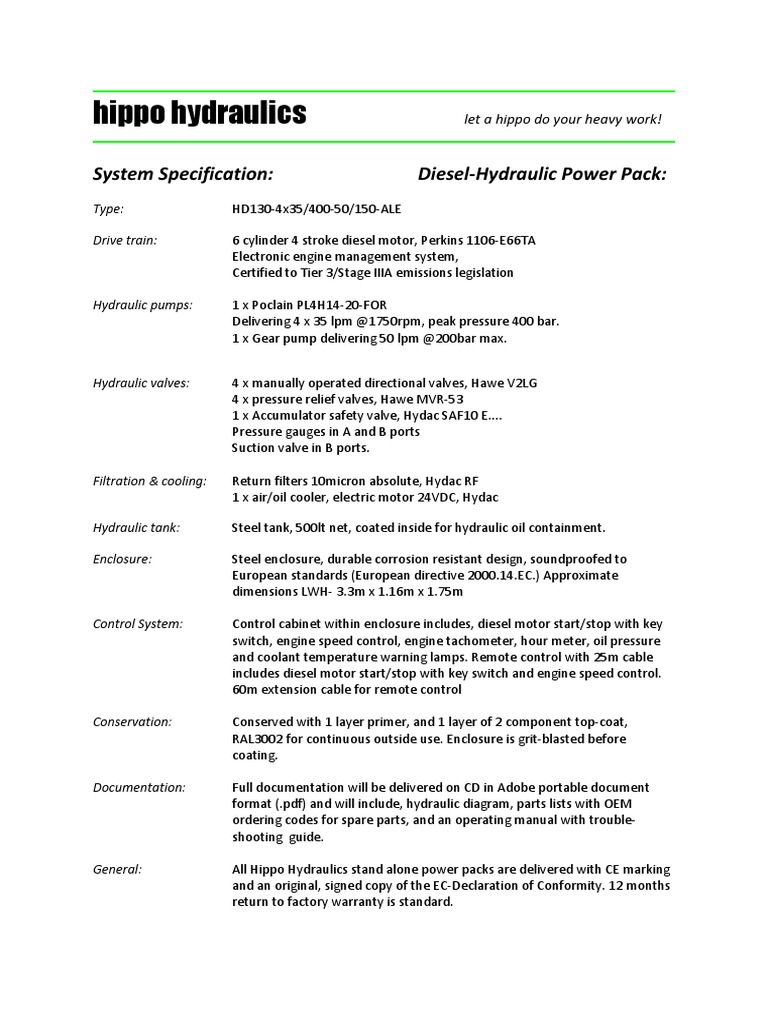 HD130-4x35 Hydraulic Specification Sheet | PDF | Engines | Diesel Engine