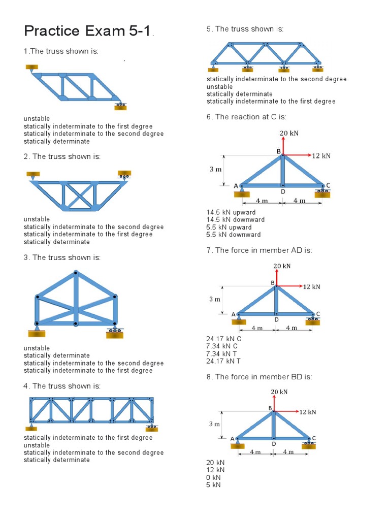 Practice Exam 5-1: - 1.the Truss Shown Is: 5. The Truss Shown Is | PDF ...