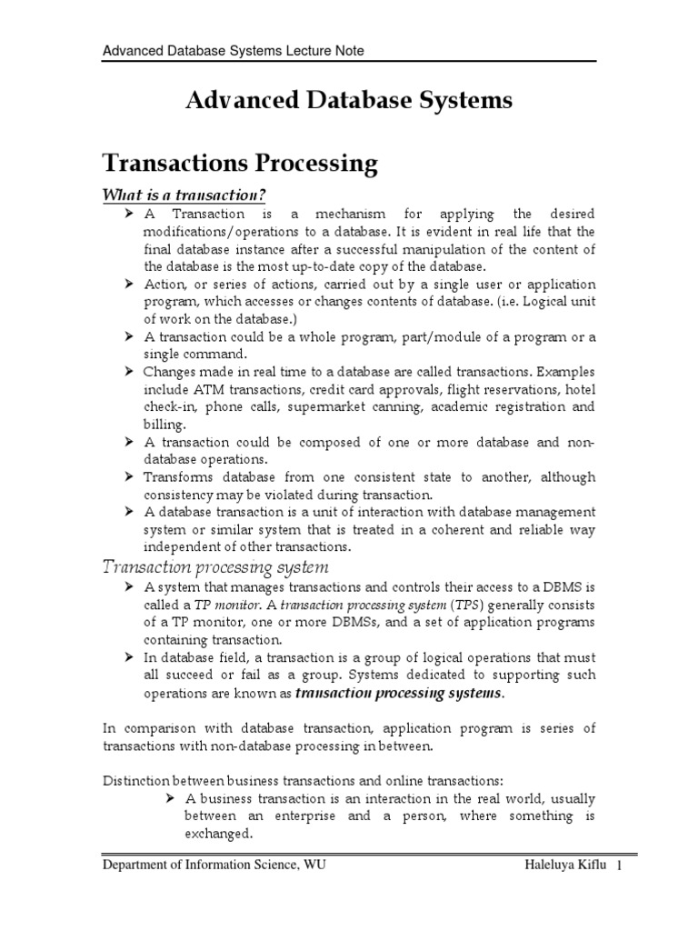 Advanced Database Systems Transactions Processing: What Is A Transaction? | PDF | Database ...
