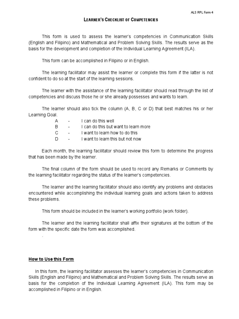 RPL Form 4 - Description and How To Use - For BLP | PDF | Learning ...