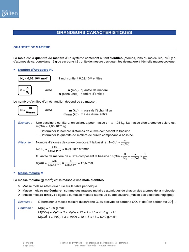 Chimie - Fiche 1 - Grandeurs Caract Ristiques | PDF | Mole (unité) | Concentration molaire