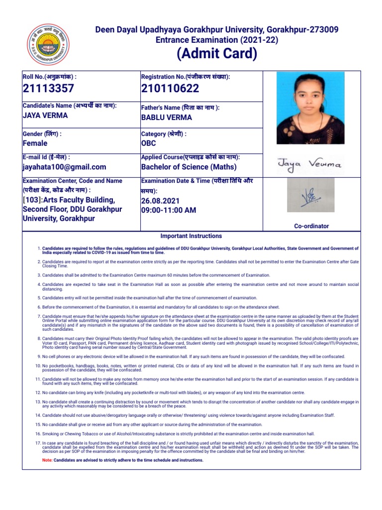 (Admit Card) : Deen Dayal Upadhyaya Gorakhpur University, Gorakhpur ...