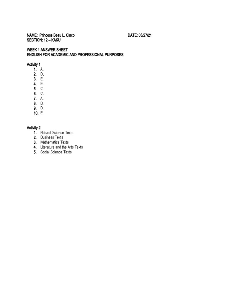 Week 1 Answer Sheet | PDF