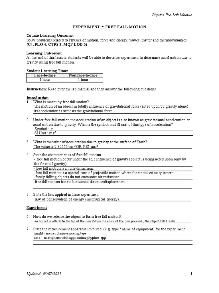 Exp 2 Free Fall Motion Prelab - Edited | PDF | Gravity | Acceleration Exp 2 Free Fall Motion Prelab - Edited | PDF | Gravity | Acceleration