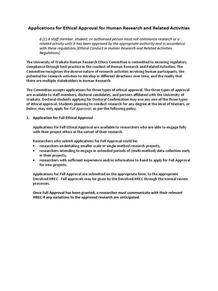 Applications For Ethical Approval For Human Research and Related ...