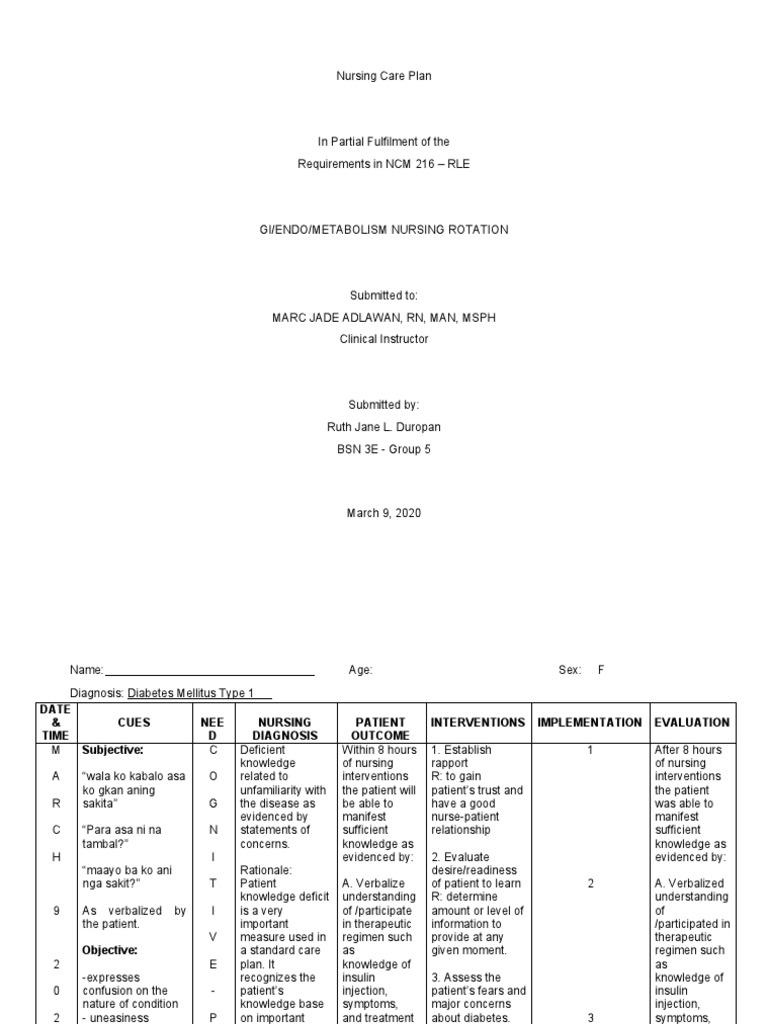 BSN 3e Duropan Ncp-Knowledge Deficit | PDF | Hypoglycemia | Diseases And Disorders