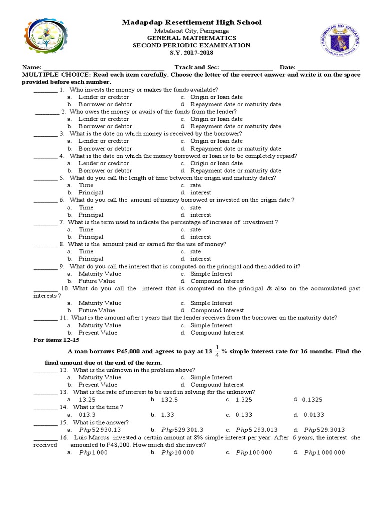 Gen. Math. Periodical Exam. 2nd Quarter | PDF | Interest | Loans