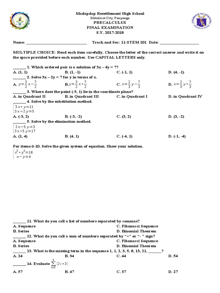 Precalculus Final Exam 2017-2018 | PDF | Trigonometric Functions | Angle