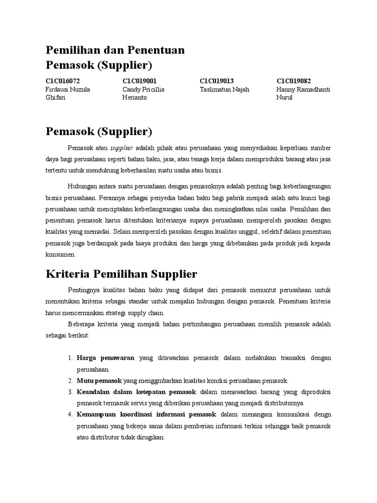 Kriteria Pemilihan Pemasok dalam Bisnis | PDF