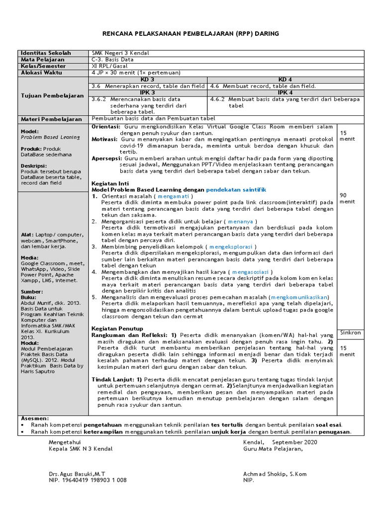 RPP Daring Basis Data SMK Kendal | PDF | Karier & Perkembangan | Komputer