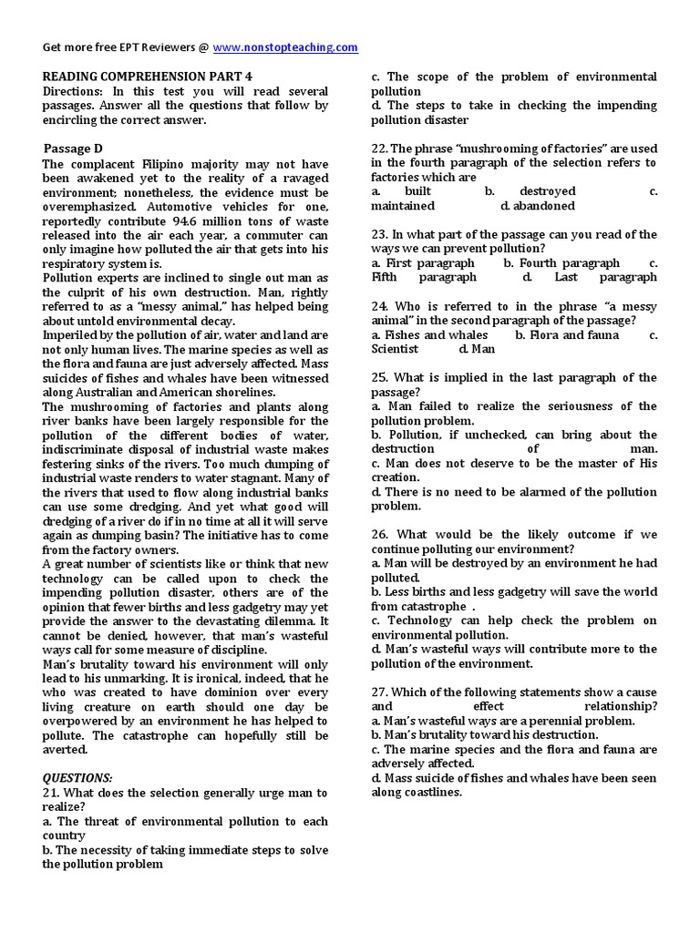 Reading Comprehension Test Part 4 | PDF | Pollution | Human Impact On ...
