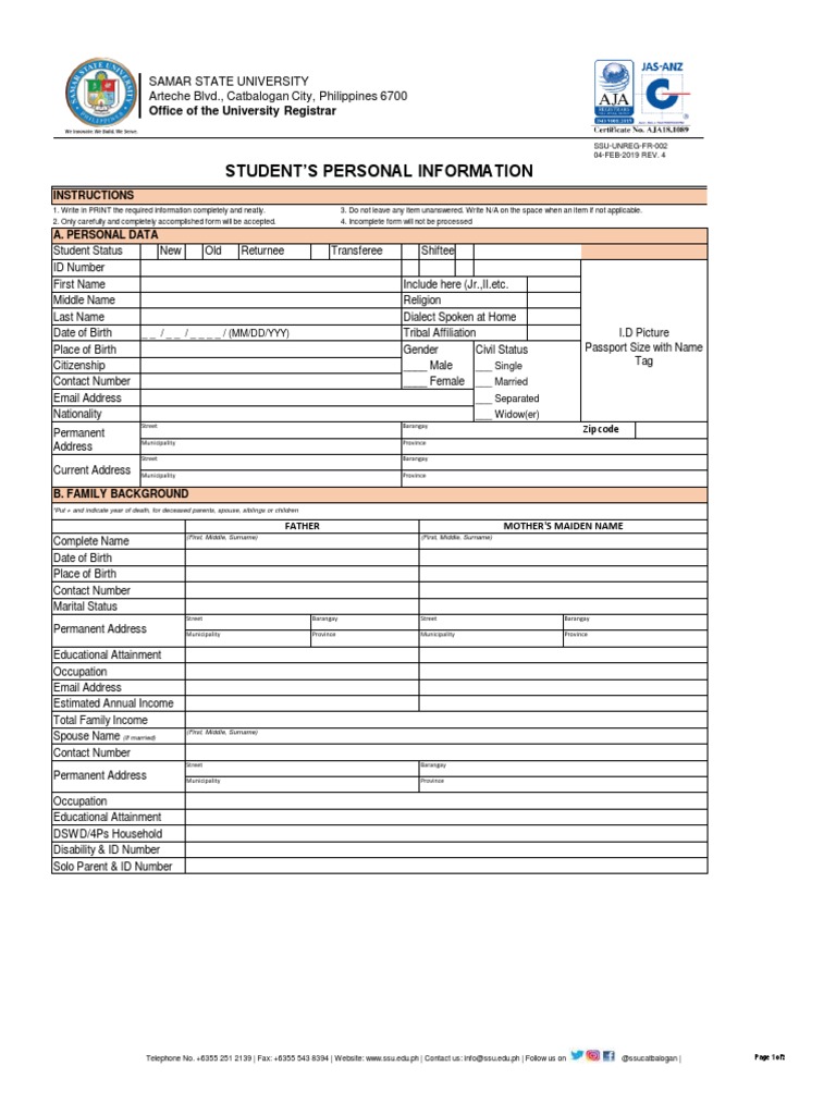 SSU UNREG FR 002 Students Personal Information 2 | PDF | Social ...