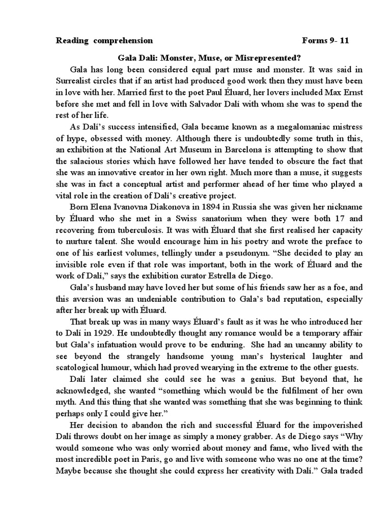 Reading Comprehension Forms 9-11 Gala Dali: Monster, Muse, or ...