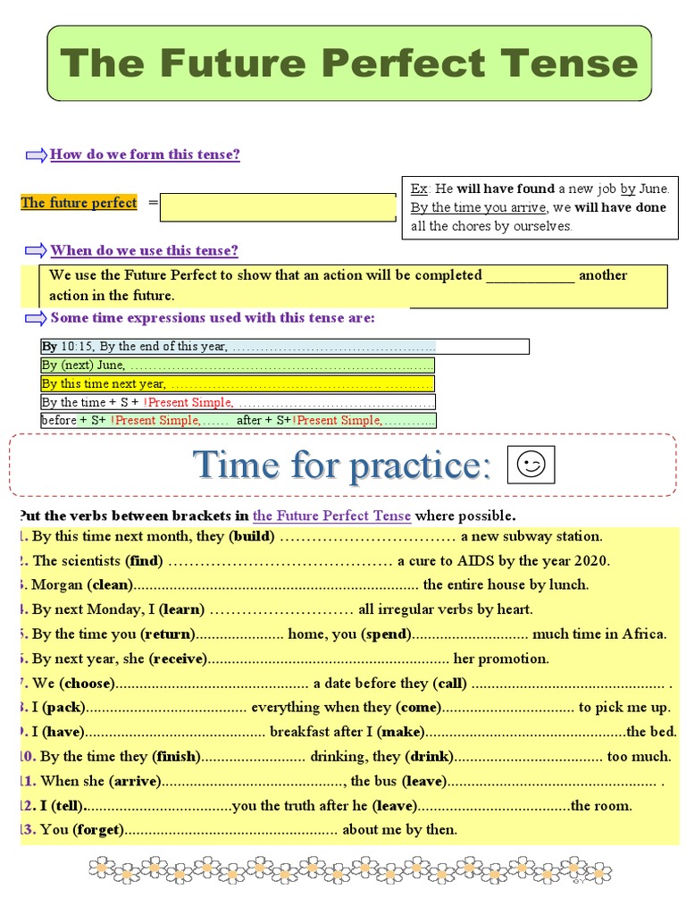 Future Perfect Worksheet | PDF | Perfect (Grammar) | Syntax