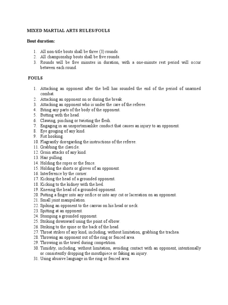 Mixed Martial Arts Rules/Fouls Bout Duration | PDF | Combat Sports | Sports