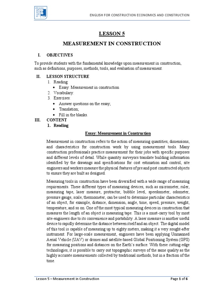 Lesson 5 Measurement in Construction: I. Objectives | PDF | Measurement ...
