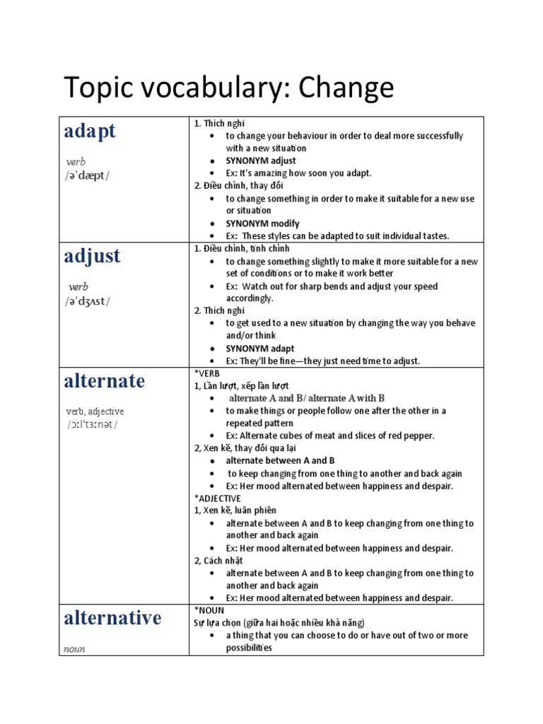 Topic Vocabulary: Change: Adapt | PDF | Adjective | Verb