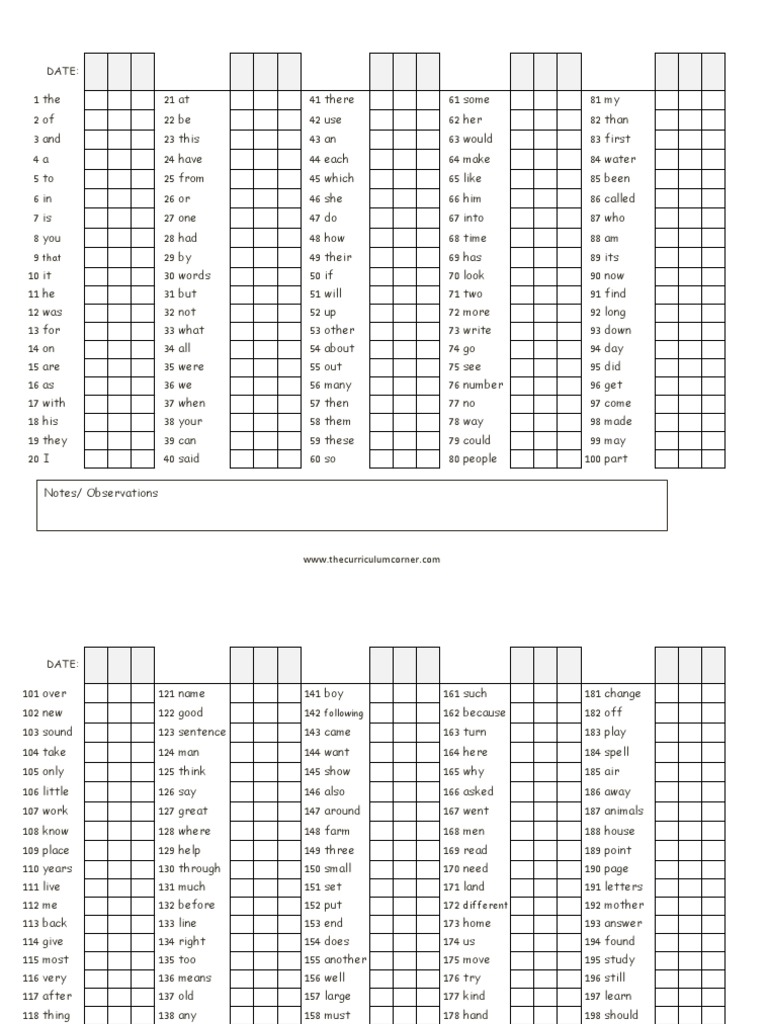 Fry Words List Assessment | PDF
