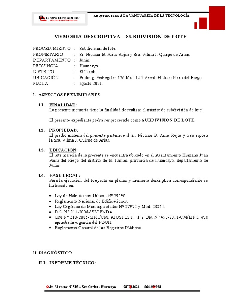 MEMORIA DESCRIPTIVA - Subdivision de Lote | PDF | Bienes raíces | Economias