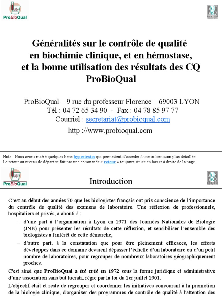 Généralités Sur Le Contrôle de Qualité en Biochimie Clinique, Et en ...