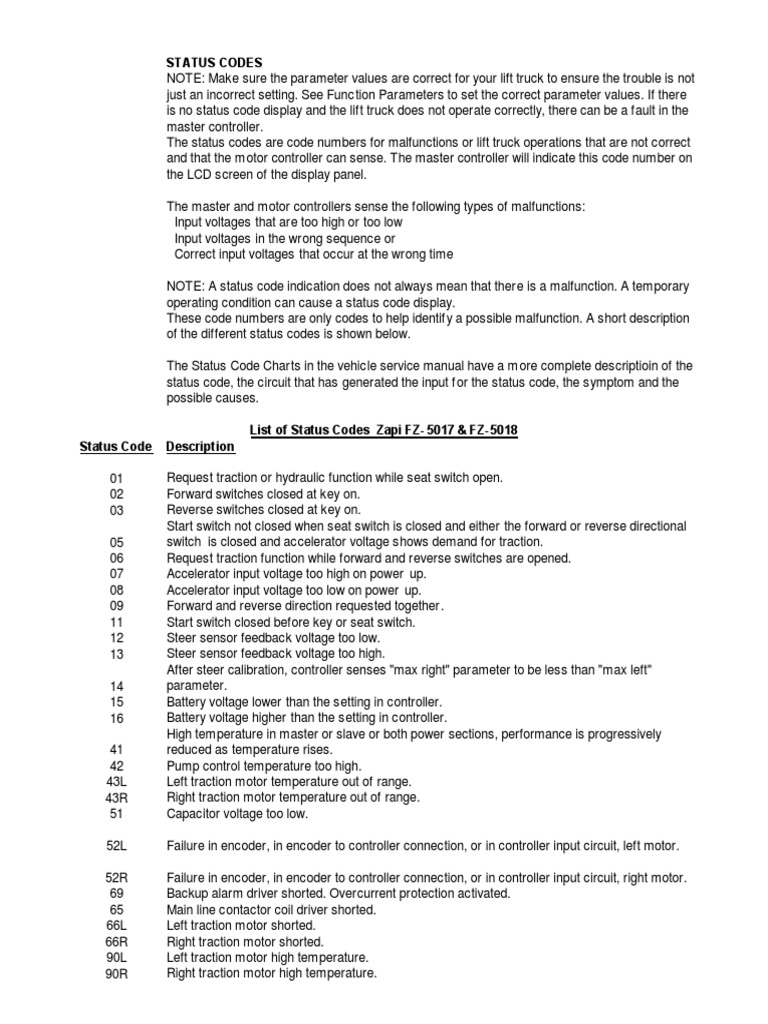 Status Code Chart for Lift Trucks | PDF | Electric Motor | Switch