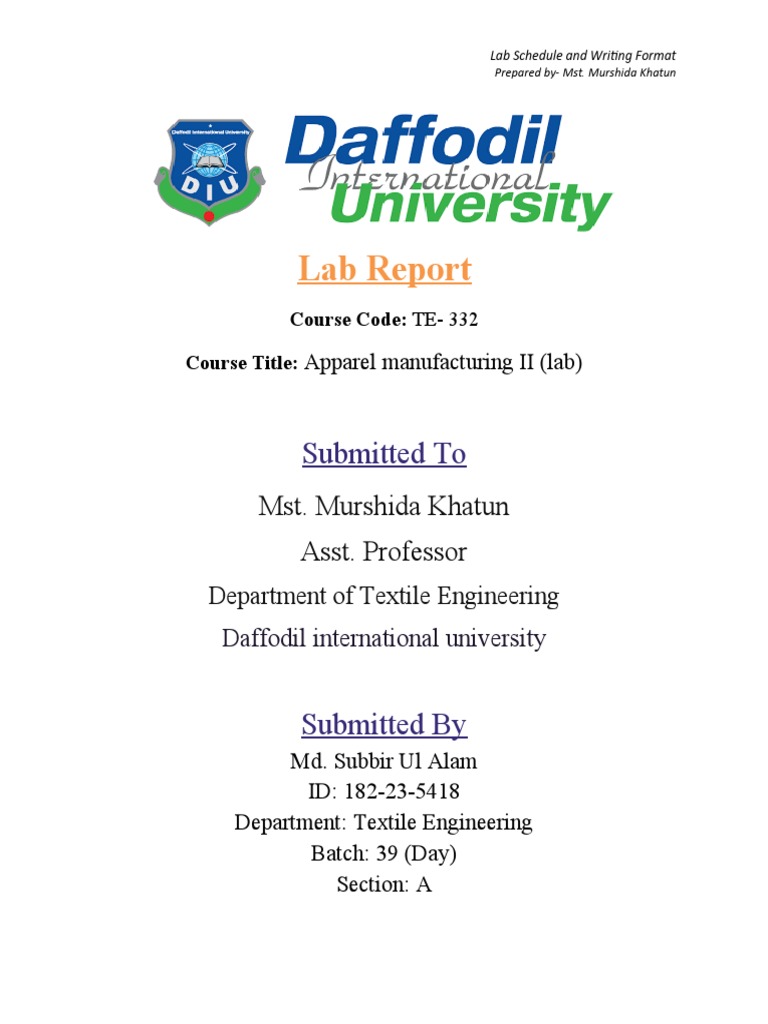 Lab Report: Submitted To | PDF | Sewing Machine | Textile Arts