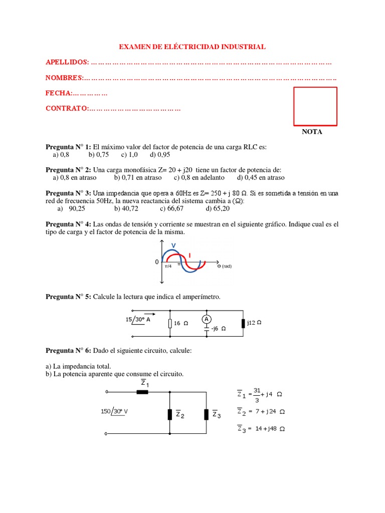 Examen de electricidad industrial | PDF | Energia electrica | Corriente eléctrica