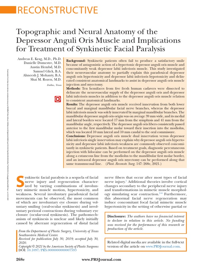 Topographic and Neural Anatomy of The Depressor Anguli Oris Muscle and ...